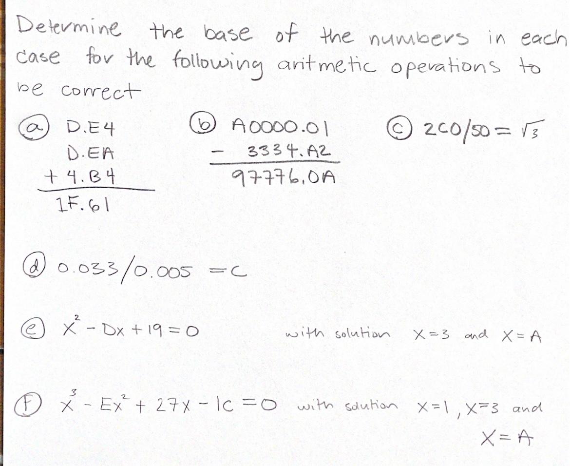 Solved Determine the base of the numbers in each case for | Chegg.com