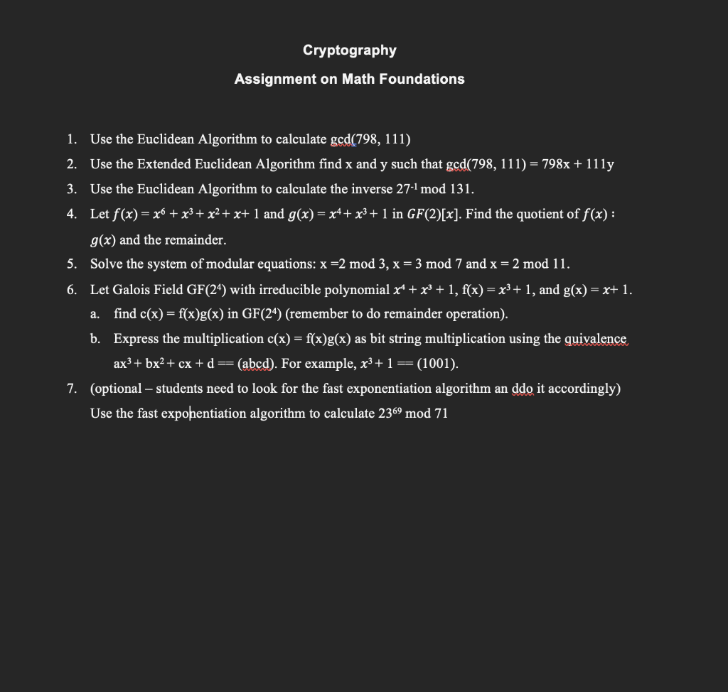 Solved Cryptography Assignment on Math Foundations 1. Use | Chegg.com