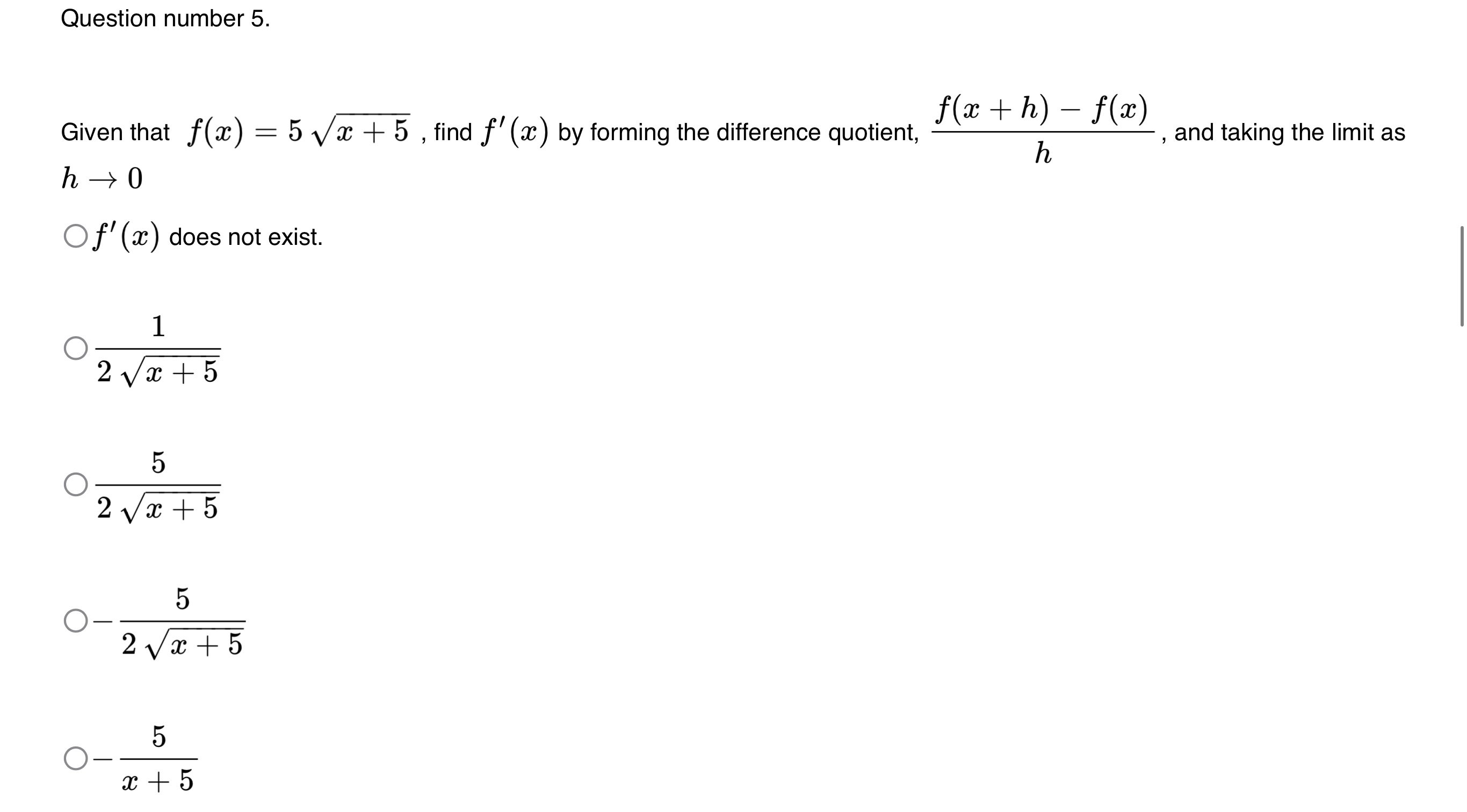 Solved Question number 5. Given that f(x)=5x+5, find f′(x) | Chegg.com