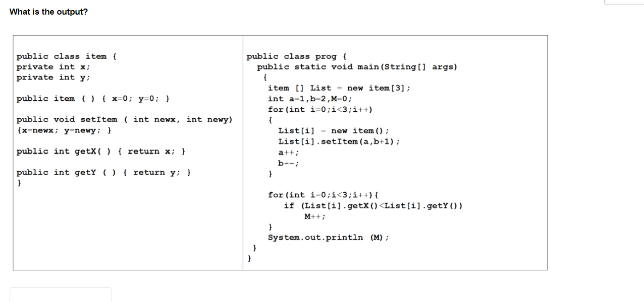 Solved What is the output? public class item { private int | Chegg.com