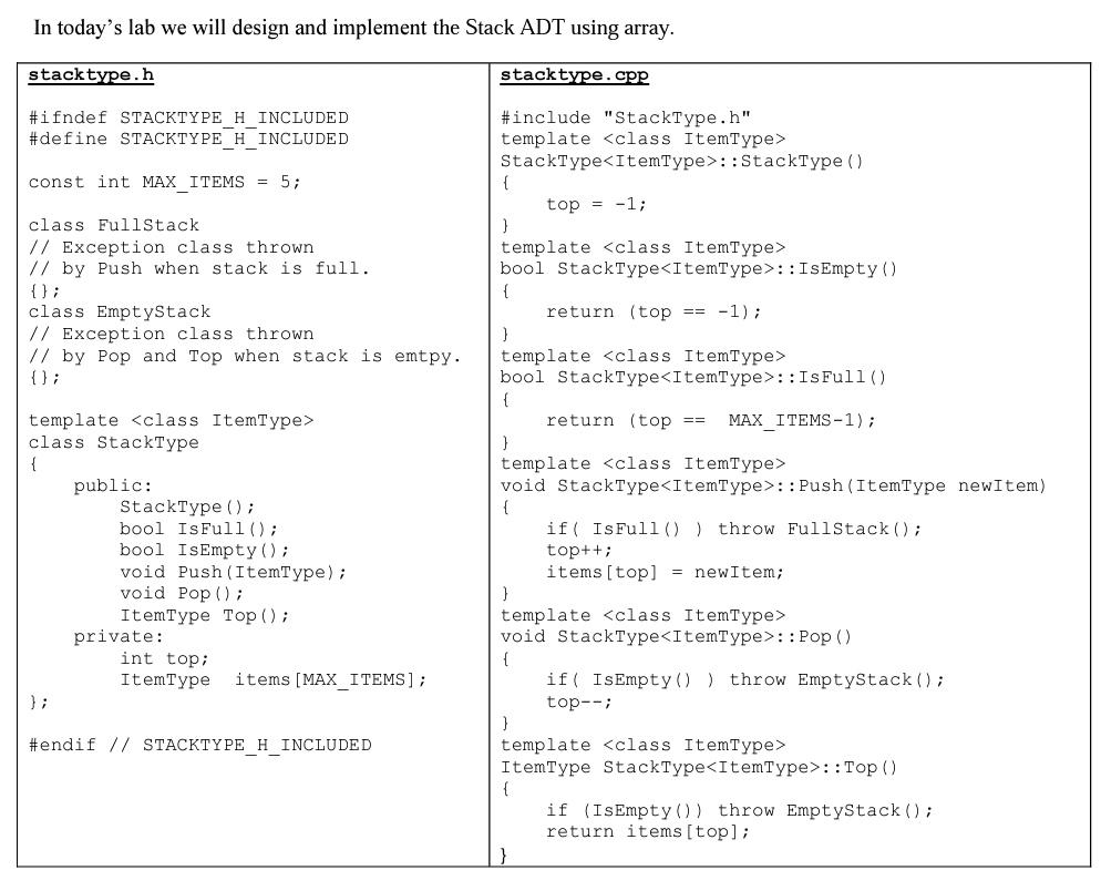 Solved In today's lab we will design and implement the Stack | Chegg.com