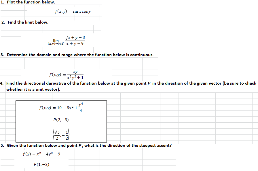 1. Plot the function below. f(x,y) = sin x cosy 2. | Chegg.com