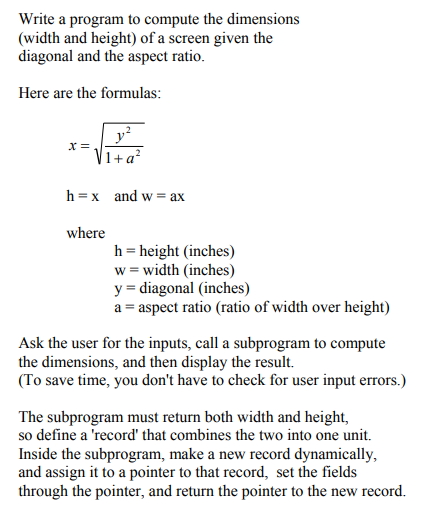 Solved Write a program to compute the dimensions (width and | Chegg.com