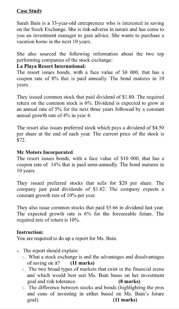 Solved Case Study Sarah Bain is a 33-year-old entreprencur | Chegg.com