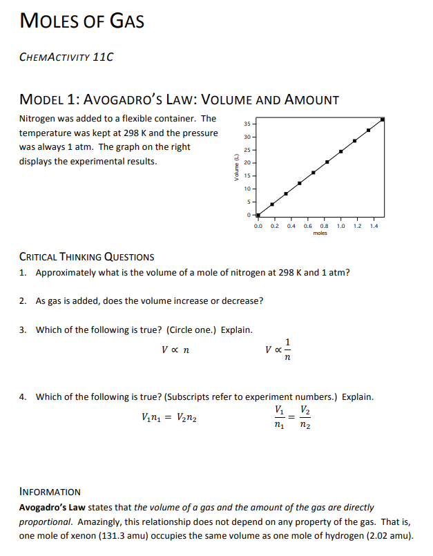 Solved MOdEL 1: AVOGADRO'S LAW: VOLUME AND AMOUNT Nitrogen | Chegg.com