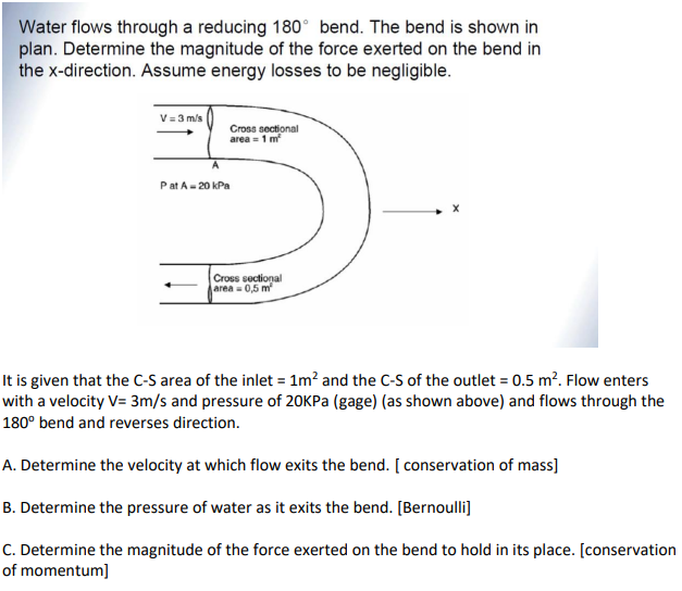 Solved Water flows through a reducing 180° bend. The bend is | Chegg.com