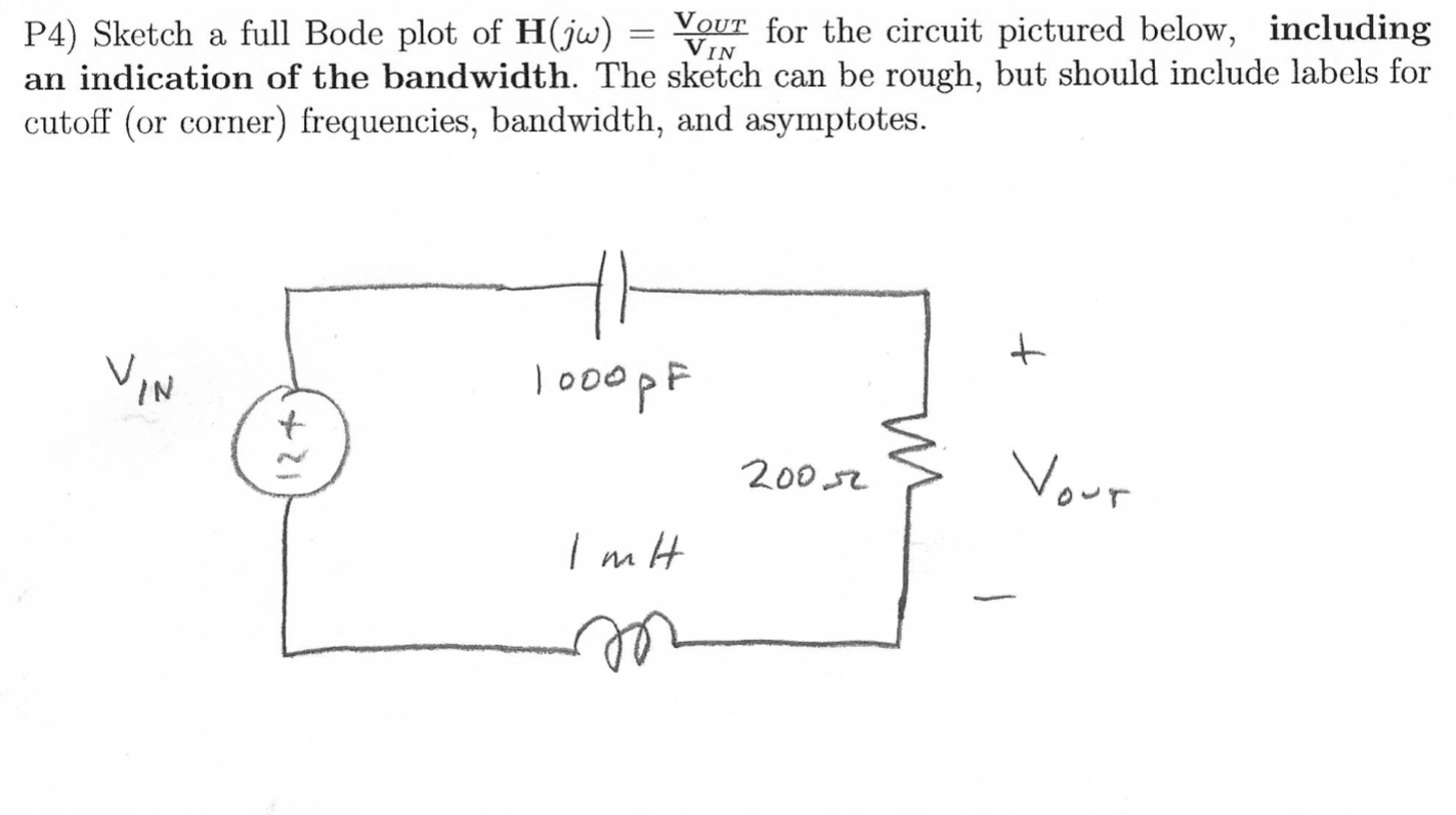 Solved P4) Sketch a full Bode plot of H(jω)=VINVOUT for the | Chegg.com