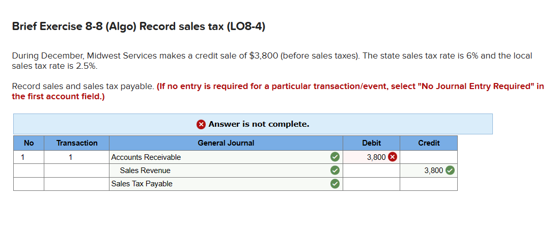 Solved Brief Exercise 8-8 (Algo) Record sales tax (LO8-4) | Chegg.com Solved Brief Exercise 8-8 (Algo) Record sales tax (LO8-4) | Chegg.com