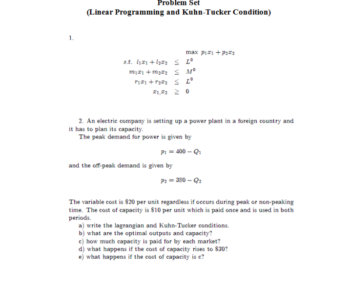 Problem Set (Linear Programming and Kuhn-Tucker | Chegg.com