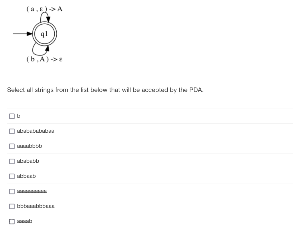 Solved (a , £)->A 91 (b, A)-> Select all strings from the | Chegg.com