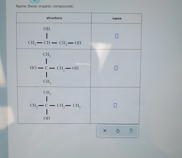 Solved Name these organic compounds: structure name OH CH, - | Chegg.com