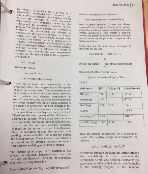EXPERIMENT 12: THERMOCHEMISTRY to distinguish | Chegg.com
