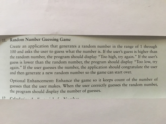 Solved 11. Random Number Guessing Game Create an application | Chegg.com Solved 11. Random Number Guessing Game Create an application | Chegg.com
