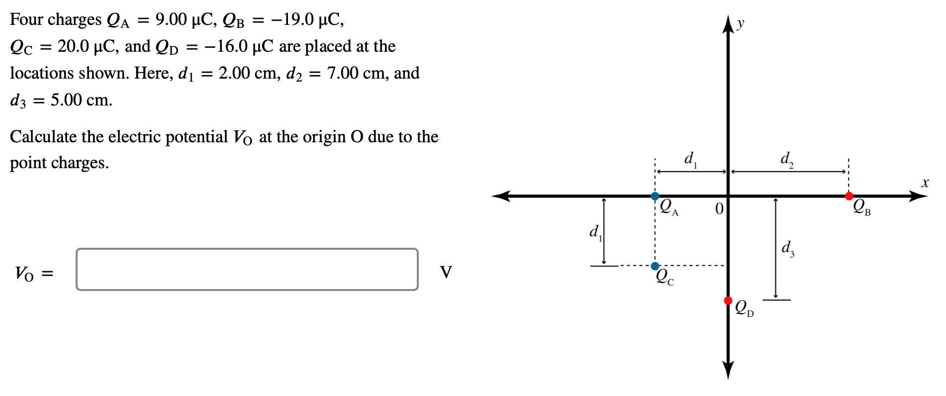 Solved = = = - Four charges QA = 9.00 uC, QB = –19.0 uC, Qc | Chegg.com