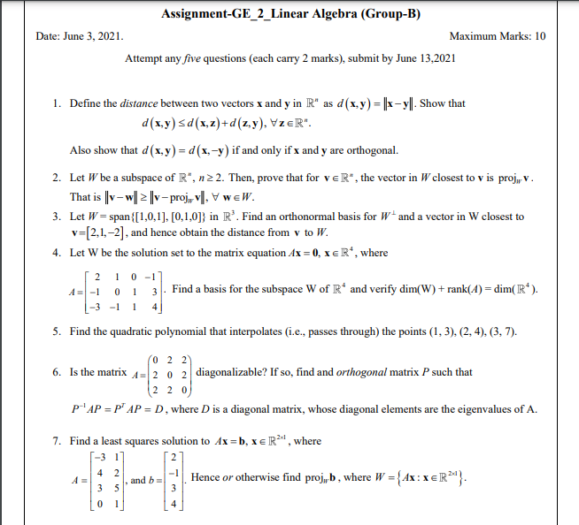 Solved Assignment-GE_2_Linear Algebra (Group-B) Date: June | Chegg.com