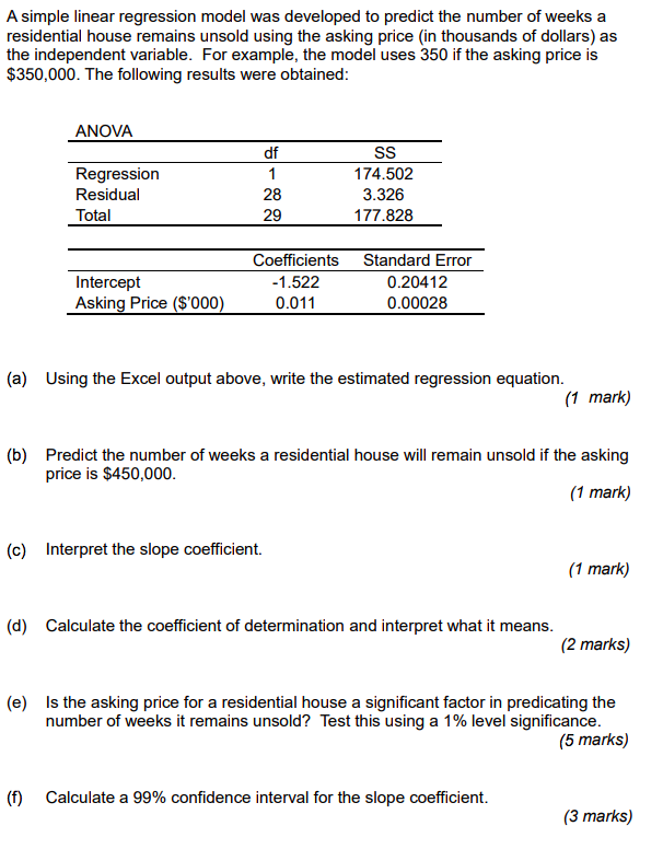 Solved A simple linear regression model was developed to | Chegg.com