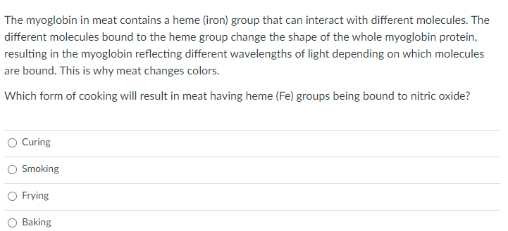 Solved The myoglobin in meat contains a heme (iron) group | Chegg.com