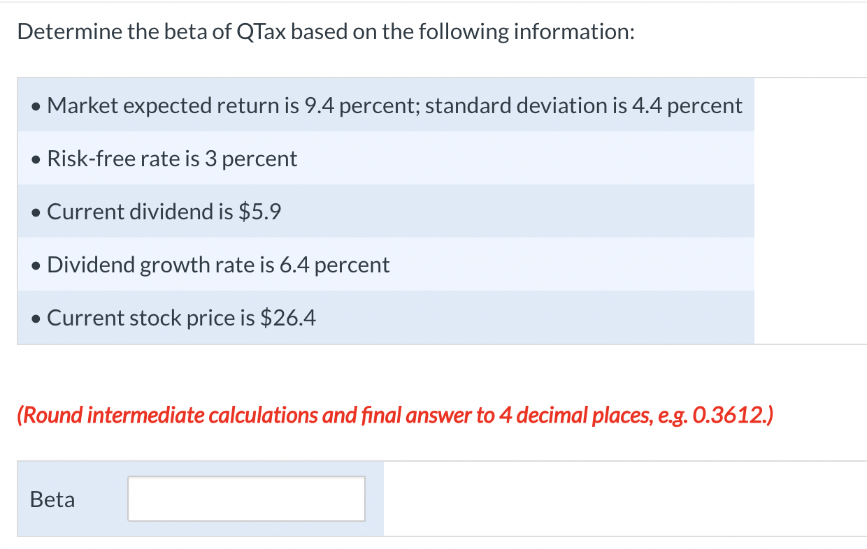 Solved Determine the beta of QTax based on the following | Chegg.com