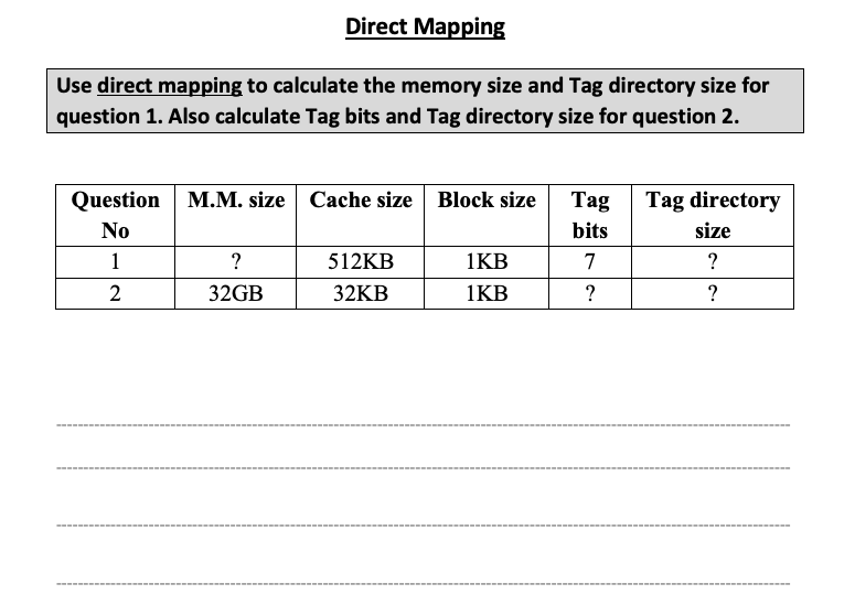 Solved Direct Mapping Use direct mapping to calculate the | Chegg.com