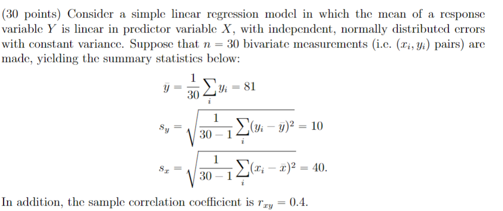 Solved (30 points) Consider a simple linear regression model | Chegg.com