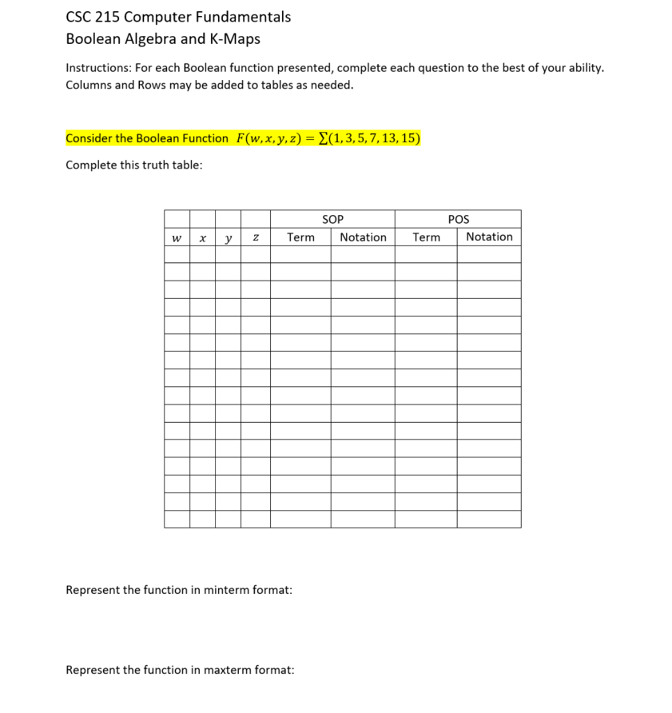 Solved Csc 215 Computer Fundamentals Boolean Algebra And 