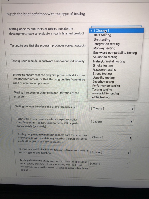 Solved Match the brief definition with the type of testing | Chegg.com