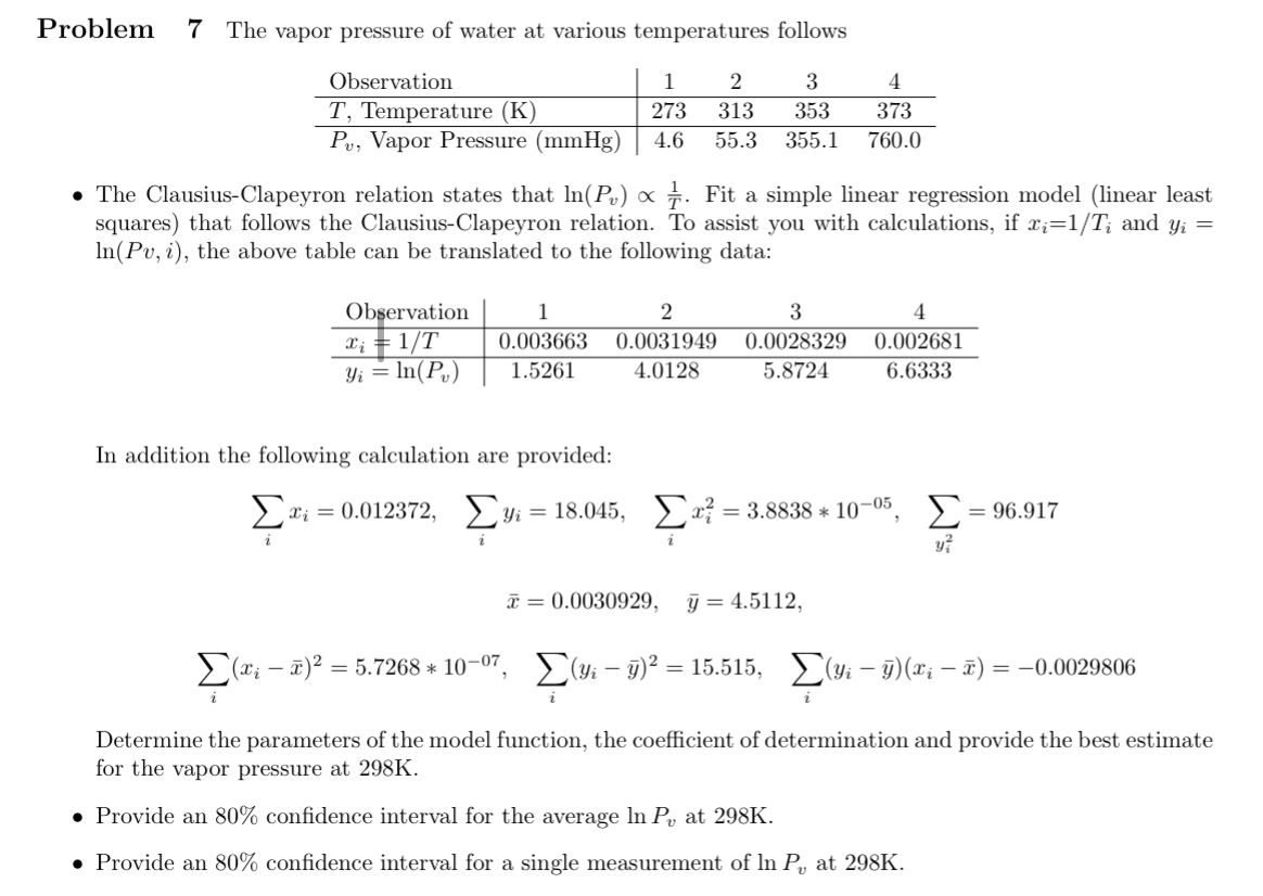 Solved Problem 7 The vapor pressure of water at various | Chegg.com