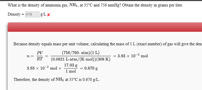 Solved What is the density of ammonia gas, NHs, at 35°C and | Chegg.com