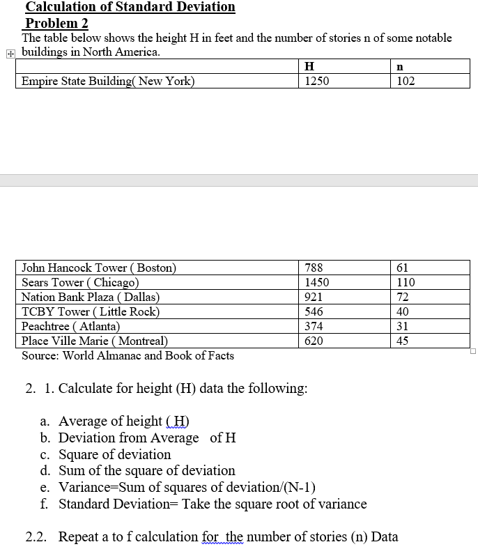 Solved Calculation of Standard Deviation. USE EXCELL AND | Chegg.com