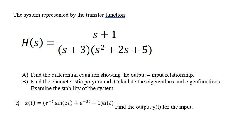 Solved The system represented by the transfer function | Chegg.com