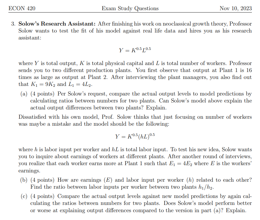 Solved Solow's Research Assistant: After finishing his work | Chegg.com