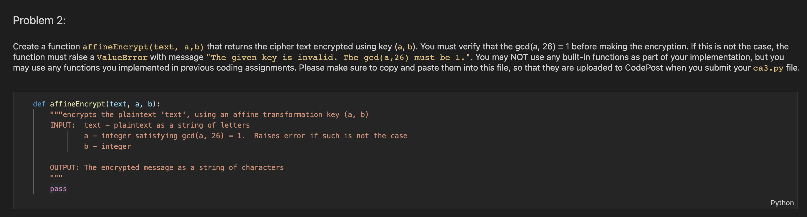 Solved Problem 2: Create a function affineEncrypt(text, a,b) | Chegg.com