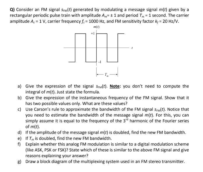 Solved Q) Consider an FM signal sFM(t) generated by | Chegg.com