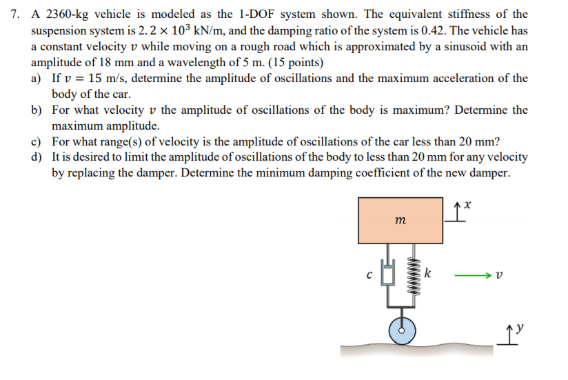 Solved 7. A 2360-kg vehicle is modeled as the 1-DOF system | Chegg.com