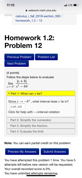 Solved 11:10 LTE webwork.math.utsa.edu calculus i | Chegg.com