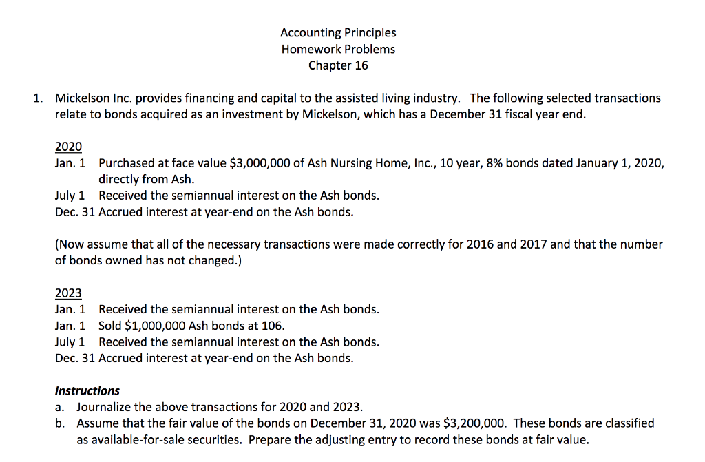 Solved Accounting Principles Homework Problems Chapter 16 1. | Chegg.com