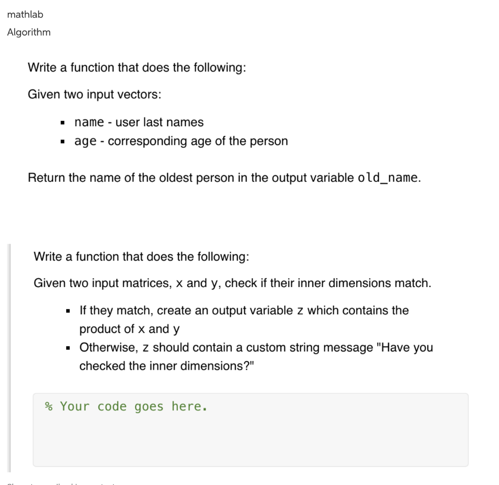 Solved mathlab Algorithm Write a function that does the | Chegg.com