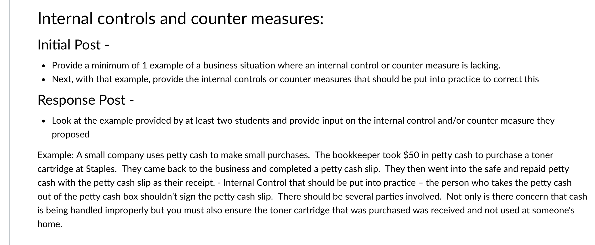 Solved Internal controls and counter measures:Initial Post | Chegg.com
