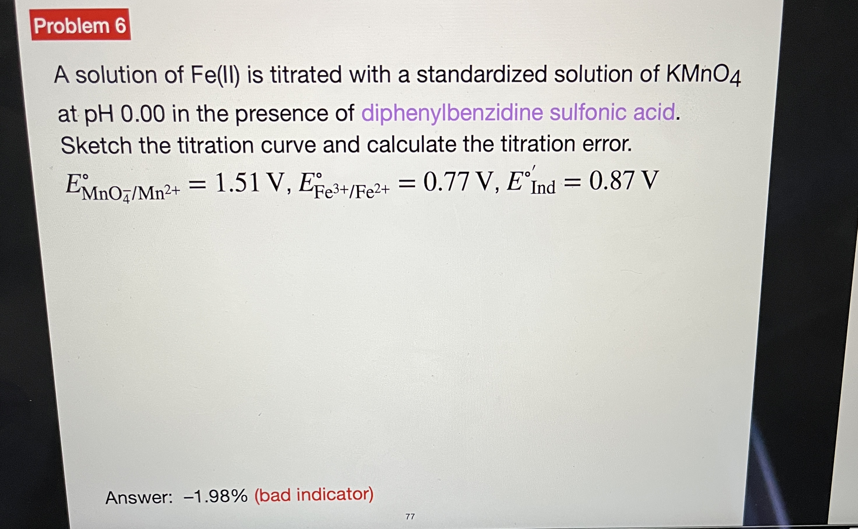 Solved Problem 6A solution of Fe(II) ﻿is titrated with a | Chegg.com