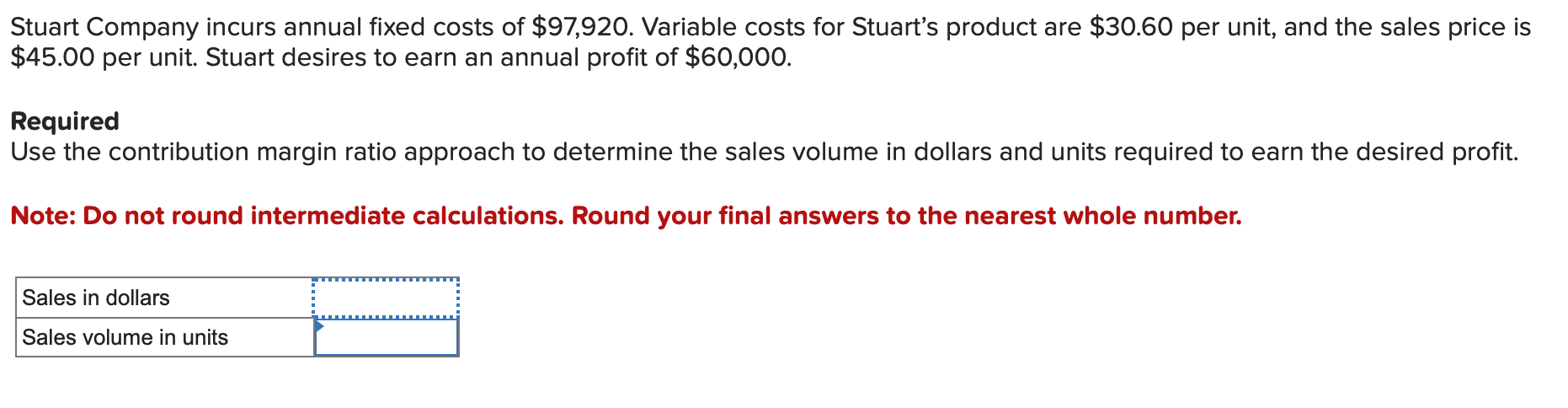 Solved Stuart Company incurs annual fixed costs of $97,920. | Chegg.com