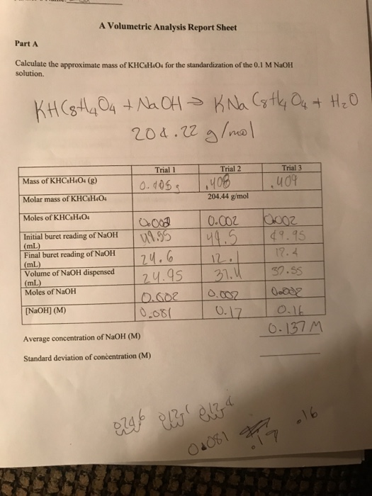 A Volumetric Analysis Report Sheet Part A Calculate | Chegg.com