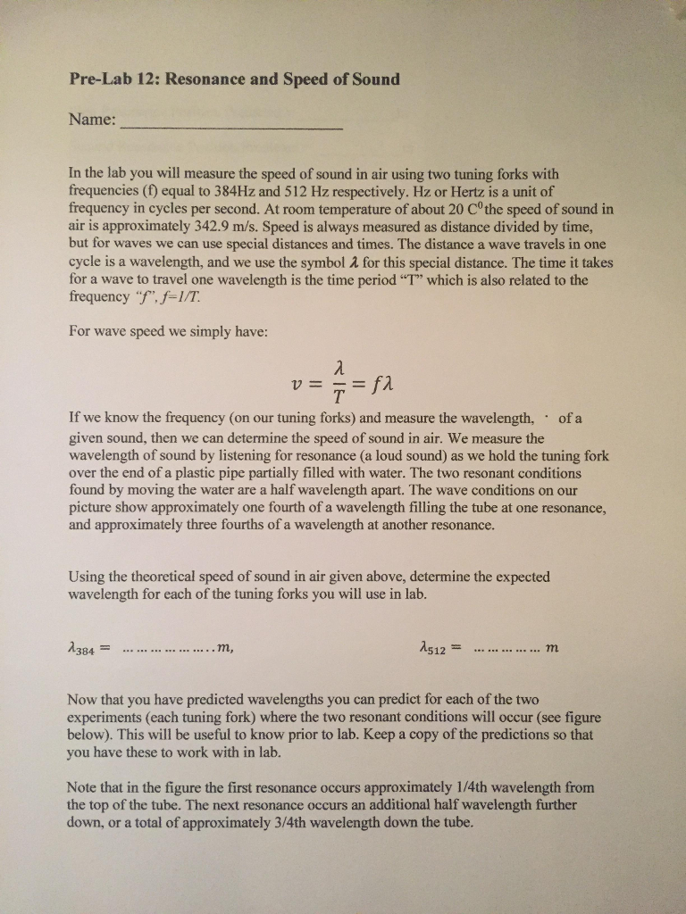 Solved Pre-Lab 12: Resonance and Speed of Sound Name: In the | Chegg.com