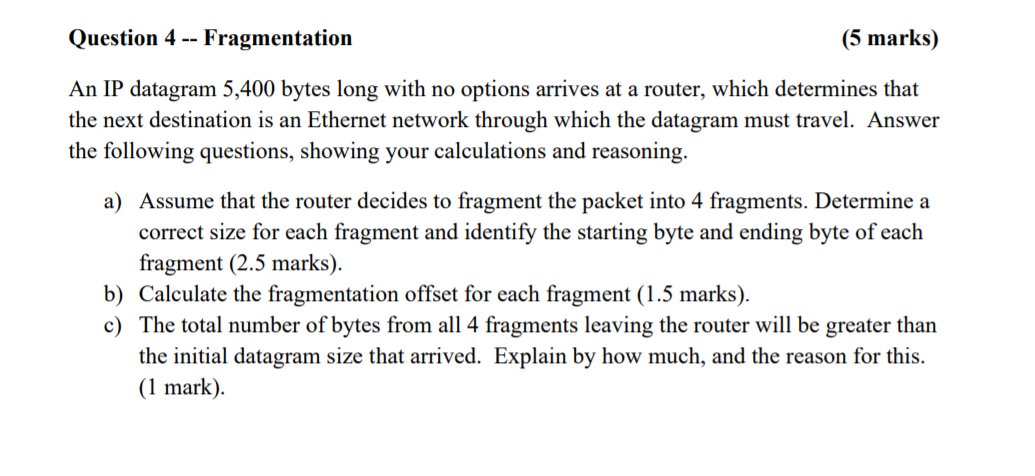 Solved Question 4 -- Fragmentation (5 marks) An IP datagram | Chegg.com