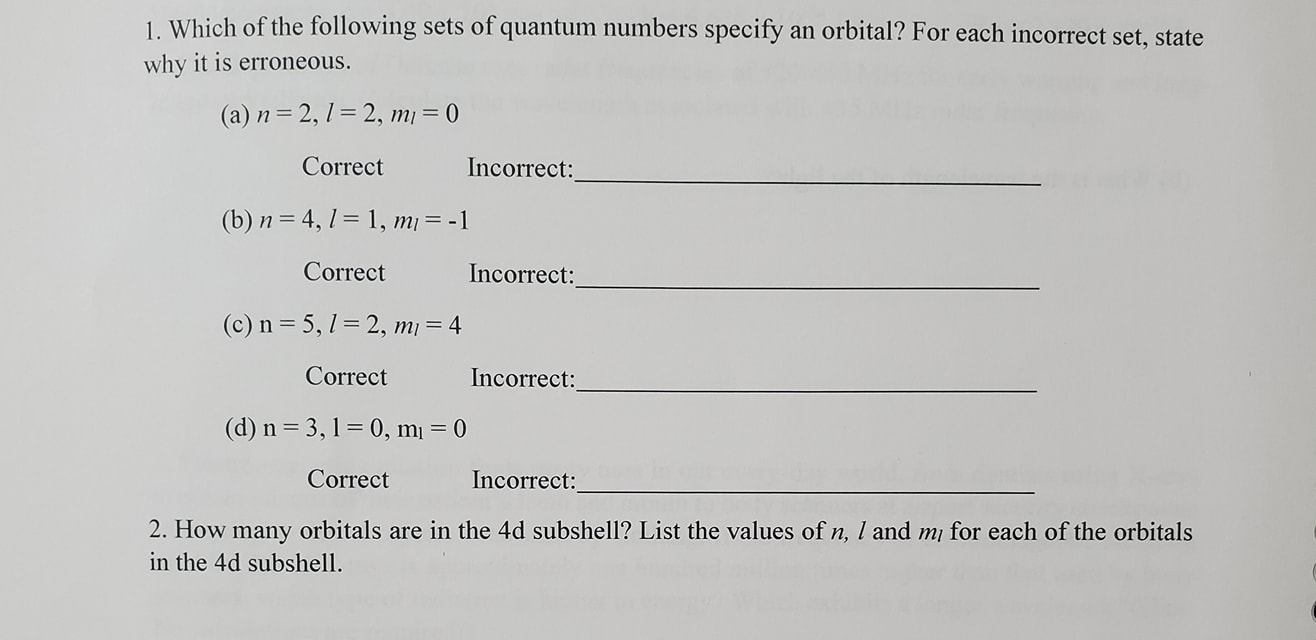 Solved 1. Which of the following sets of quantum numbers | Chegg.com