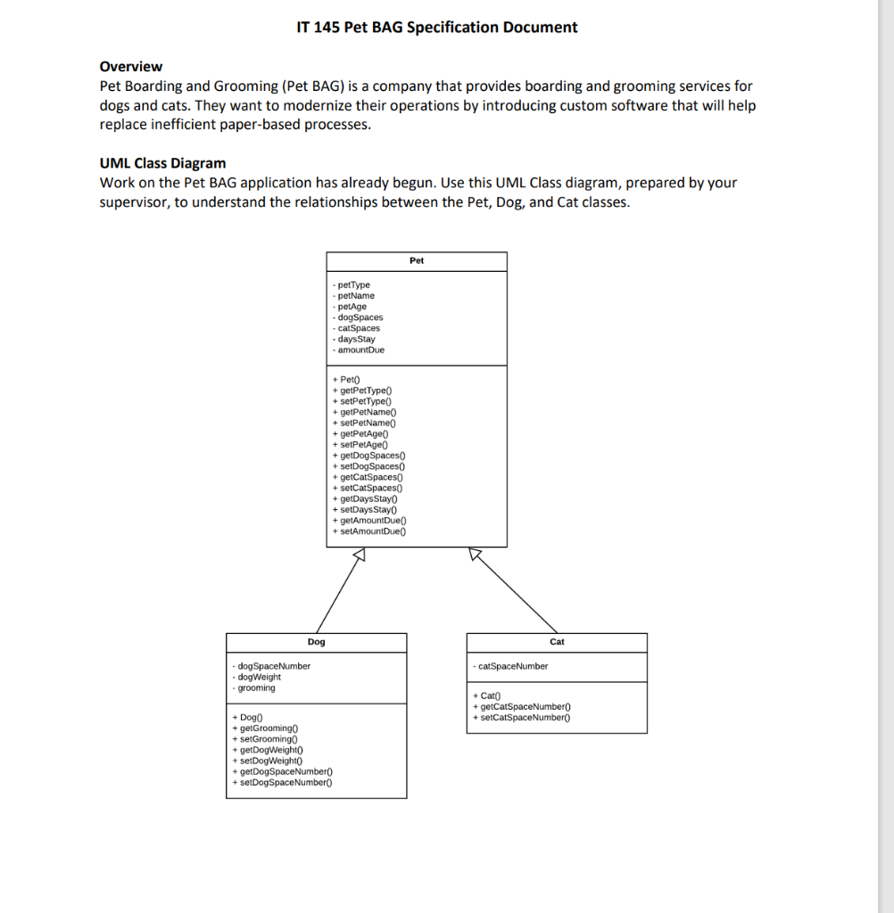 Solved Functionality Pet BAG is seeking an application that | Chegg.com