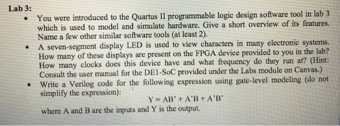 Solved Lab 3: You were introduced to the Quartus II | Chegg.com