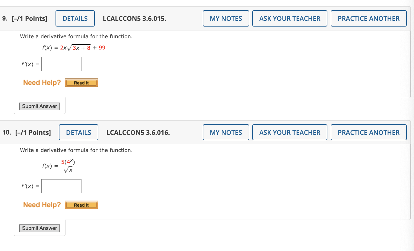 Solved 9. [-/1 Points] LCALCCON5 3.6.015. Write a derivative | Chegg.com