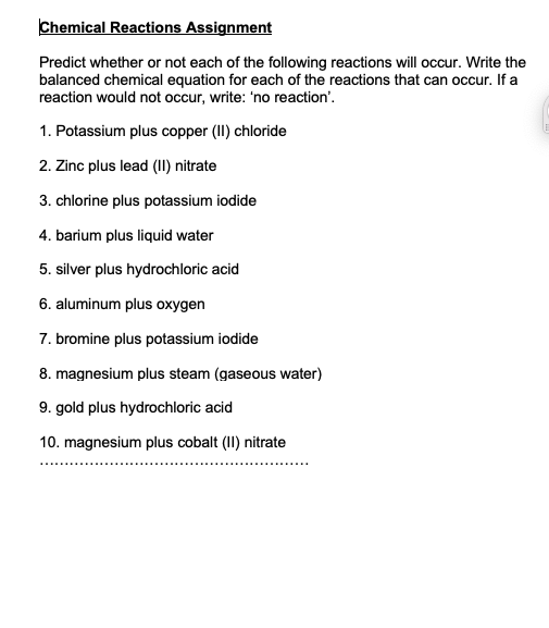 Solved Chemical Reactions Assignment Predict whether or not | Chegg.com
