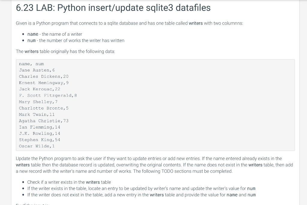 Solved 6.23 LAB: Python insert/update sqlite3 datafiles | Chegg.com