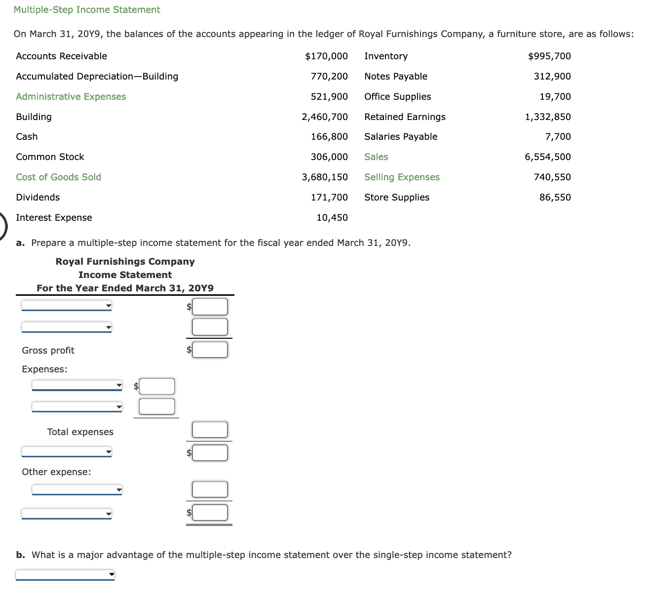 Solved Multiple-Step Income Statement On March 31, 20Y9, the | Chegg.com